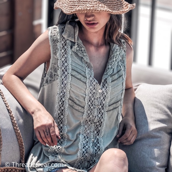 POL | Tops | Pol Green Pintuck Lace Button Down Top Sleeveless Relaxed ...
